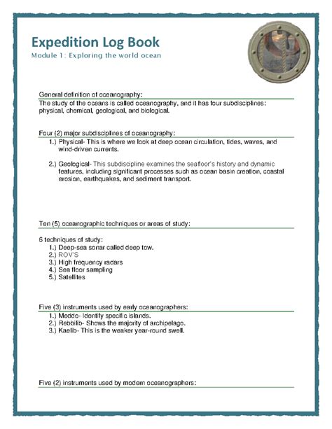 Ocean Science Logbook Expedition Log Book Module 1 Exploring The