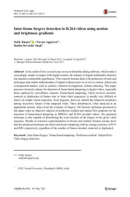 Pdf Inter Frame Forgery Detection In H264 Videos Using Motion And