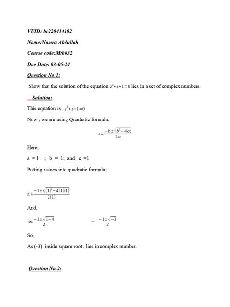 Assign1 Mth632 Pdf Quadratic Equation Complex Number