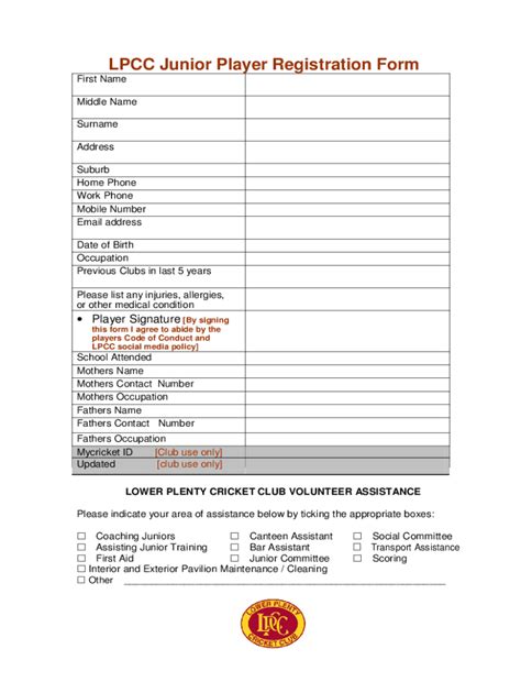 Fillable Online LPCC Junior Player Registration Form Fax Email Print PdfFiller
