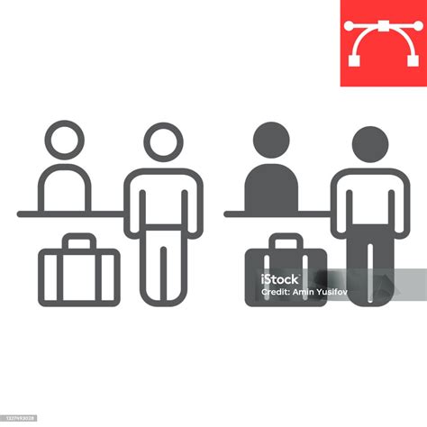 공항 체크인 라인과 글리프 아이콘 등록 데스크에서 수하물을 가진 사람 공항 수신 벡터 아이콘 벡터 그래픽 편집 가능한 스트로크 개요 기호 Eps 10 0명에 대한 스톡 벡터