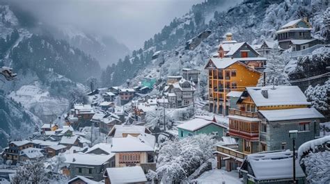 Manali India In Winter With Snow Covering The Village Beautiful