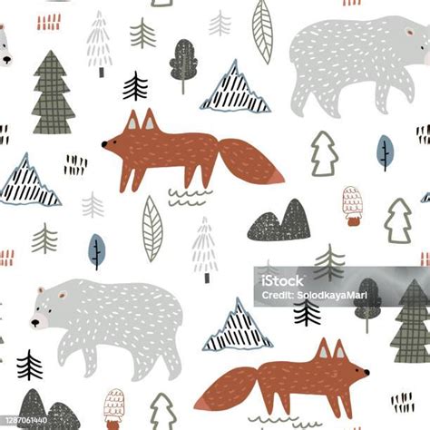 곰과 여우와 원활한 유치한 숲 패턴 직물 직물에 적합합니다 크리에이티브 벡터 배경 0명에 대한 스톡 벡터 아트 및 기타 이미지