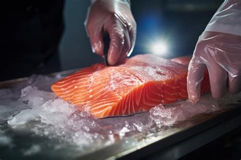 Workers Hands Process Salmon Steak On Ice Chilled Fish At A Fish