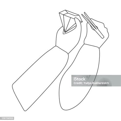 보석상은 핀셋과 보석을 가지고 있습니다 선형 일러스트 라인 아트 그래픽은 흰색에 분리되어 있습니다 실루엣과 윤곽선 로고입니다 보석상의 날 엽서 배너 카드 전단지에 대 한