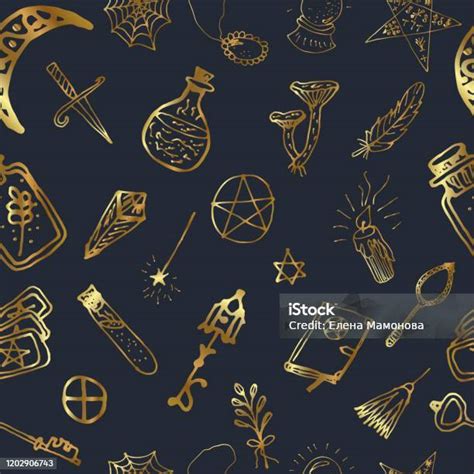 어두운 배경에 신비주의 마법과 신비주의의 주제에 벡터 원활한 배경 점성술 및 연금술 황금 기호와 신비주의 마커와 손 낙서 벡터 그림입니다 0명에 대한 스톡 벡터 아트 및