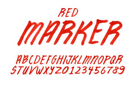 빨간색 마커 필기 글꼴 디자인은 대문자와 숫자 알파벳 세트를 포함 컴퓨터 글자에 대한 스톡 벡터 아트 및 기타 이미지 컴퓨터 글자 필기 펜 Istock