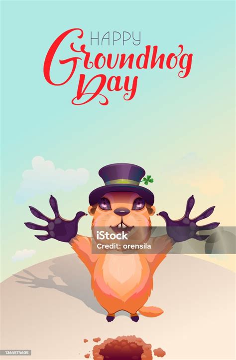 해피 그라운드 호그 데이 인사말 카드 템플릿 귀여운 그라운드 호그 환영 봄 텍스트 화려한 문자 성촉절 공휴일에 대한 스톡 벡터 아트 및 기타 이미지 Istock