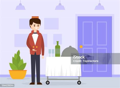 룸서비스 직원 레스토랑 클로치와 와인 한 병 호텔 직원 캐릭터 만화 벡터 일러스트레이션으로 카트 를 배달하는 것 가구에 대한 스톡 벡터 아트 및 기타 이미지 Istock