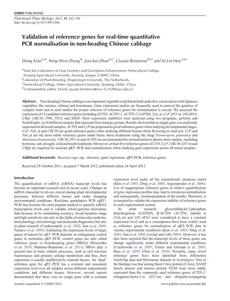 Pdf Validation Of Reference Genes For Real Time Quantitative Pcr Normalisation In Non Heading