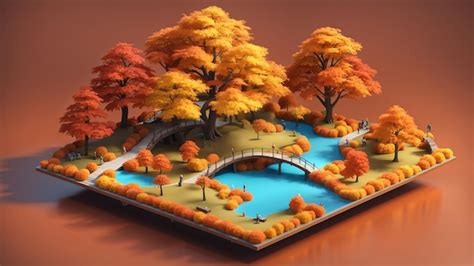 Autumn Landscape With Trees Bridge And Pond 3d Render Premium Ai Generated Image