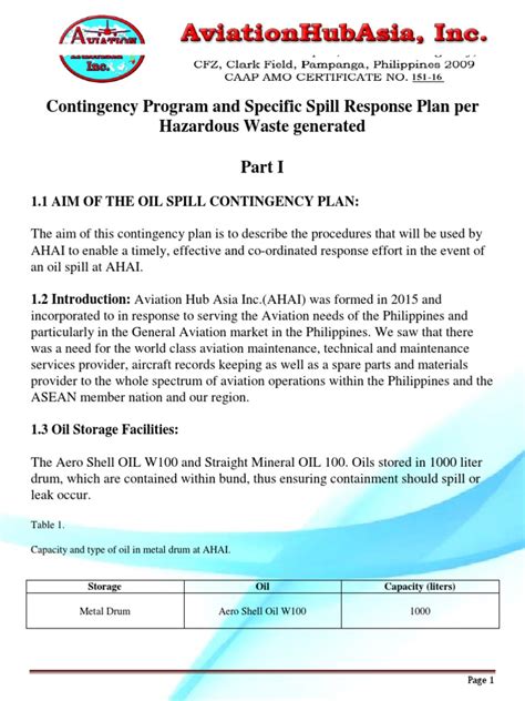 Comprehensive Contingency Program And Specific Spill Response Plan Per