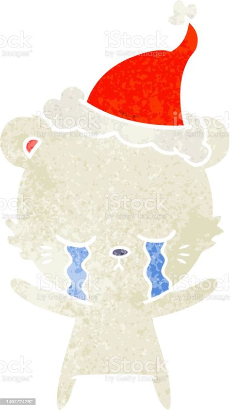 산타 모자를 쓴 북극곰의 우는 손으로 그린 복고풍 만화 감정에 대한 스톡 벡터 아트 및 기타 이미지 감정 곰 극지 기후 Istock