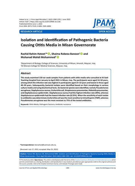 Pdf Isolation And Identification Of Pathogenic Bacteria Causing Otitis Media In Misan Governorate