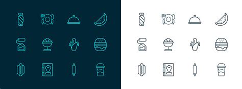 세트 라인 수박 요리 책 옥수수 롤링 핀 아이스크림 그릇 음식 트레이 사탕과 접시 포크 나이프 아이콘으로 덮여 있습니다 벡터 가리기에 대한 스톡 벡터 아트 및 기타 이미지