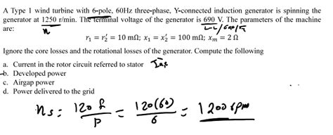 Solved A Type 1 Wind Turbine With 6 Pole 60hz Three Phase