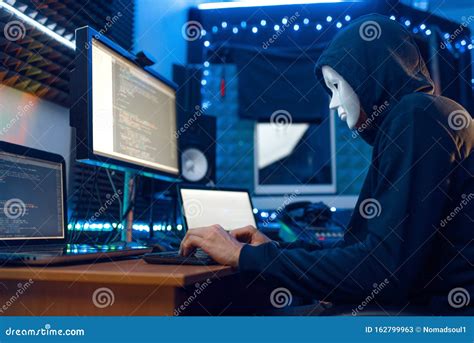 Hacker In Mask And Hood Account Hacking Stock Image Image Of Criminal Account 162799963