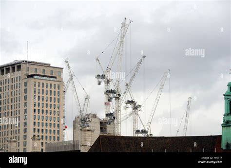 London UK 01 03 2017 Cranes At Shell Centre Redevelopment At Waterloo Behind County Hall Stock
