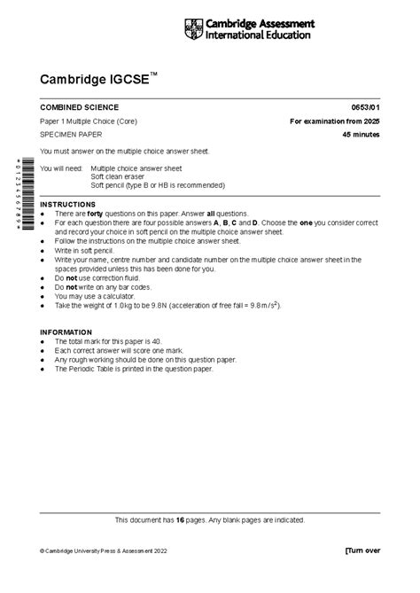 671589 2025 Specimen Paper 1 Cambridge Igcse ™ Combined Science 0653
