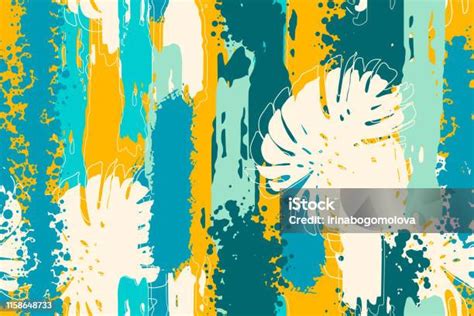 벡터에서 현대 하와이 추상 창조적 인 원활한 패턴 다양한 식물 기하학적 모양과 현대 열대 추상 콜라주 종이 커버 직물 인테리어 장식 등을위한 이국적인 디자인 연속무늬에 대한