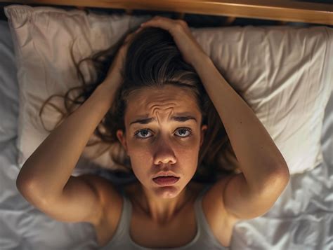 High Angle View Of Young Woman Lying Holding Her Head In Bed On The Bed