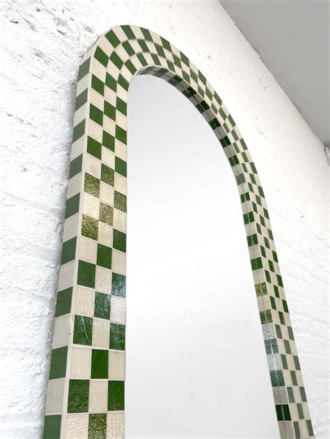 Modern Checkered Mosaic Oval Mirror With Green And Ivory Glass By