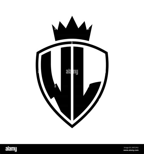Wl Letter Bold Monogram With Shield And Crown Outline Shape With Black And White Color Design