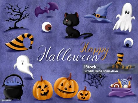 매우 페리 질감 배경에 만화 일러스트 레이션의 세트와 할로윈 수평 카드 과자 안 주면 장난칠 거예요 호박 유령 박쥐 모자 빗자루 양말 물약 냄비 고양이 거미 사탕 10월에