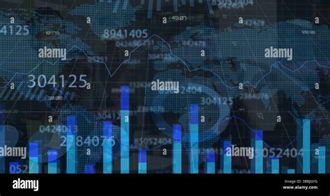 Displaying Data Panel At Trading Desk With Bar Charts Line Graph And World Map Overlay Stock