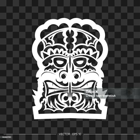 패턴에서 폴리네시아 마스크 전사의 얼굴이나 가면의 윤곽 폴리네시아 하와이 또는 마오리 패턴 인쇄 티셔츠 또는 문신을위한 템플릿 벡터 그림입니다 0명에 대한 스톡 벡터 아트