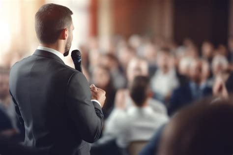 Premium Ai Image Back View Of Man In Business Suit Giving A Speech On The Stage In Front Of