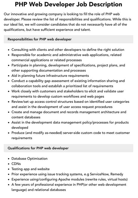 Php Web Developer Job Description Velvet Jobs