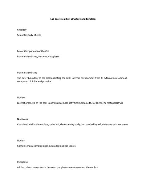 Lab Exercise 2 Cell Structure And Function Lab Exercise 2 Cell