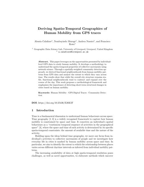 Pdf Deriving Spatio Temporal Geographies Of Human Mobility From Gps Traces
