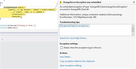 Arangodbnet Upsert Always Insert Stack Overflow