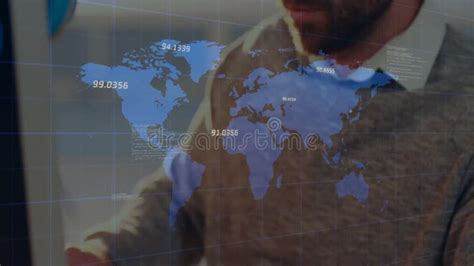 World Map With Numerical Data Animation Over Person Working On Computer