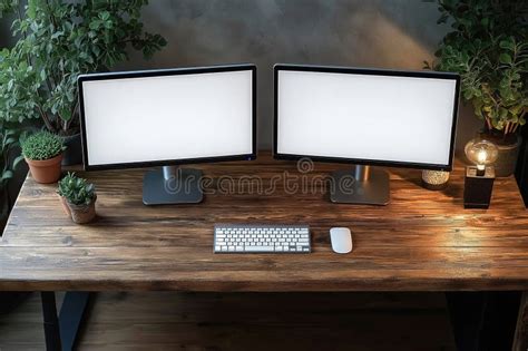 Modern Home Office Desk With Two Computers Empty White Screens Wooden Desk With Plants