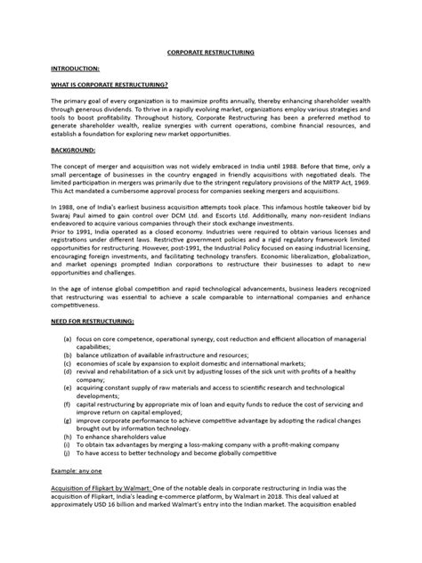 Corporate Restructuring Pdf Mergers And Acquisitions Walmart