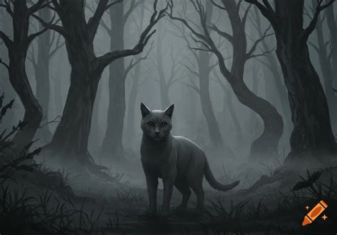 A Grey Cat With Dark Eyes Stands In A Dark Misty Stylized Forest With