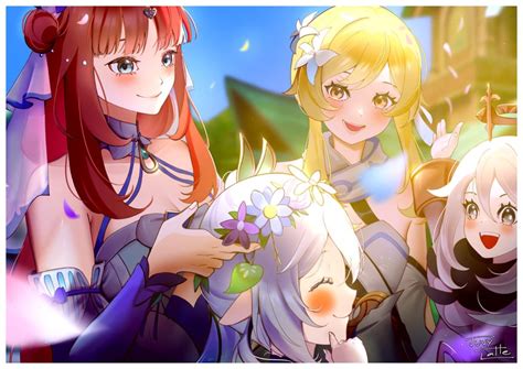 Lumine Nahida Paimon Nilou And Nilou Genshin Impact Drawn By