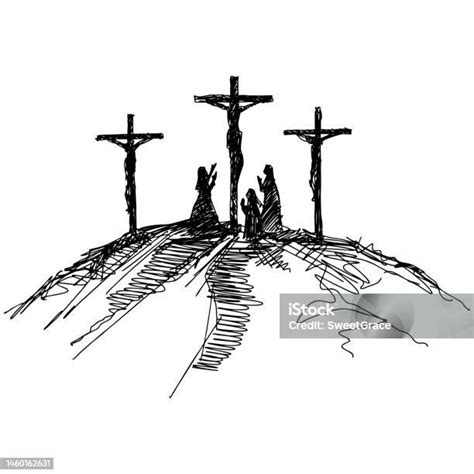 부활절에 대 한 손으로 그린 벡터 그림입니다 예루살렘 근처의 갈보리 산 꼭대기에 있는 세 개의 십자가 십자가에 못 박히신 예수 그리스도의 십자가 옆에 있는 사람들 십자가에