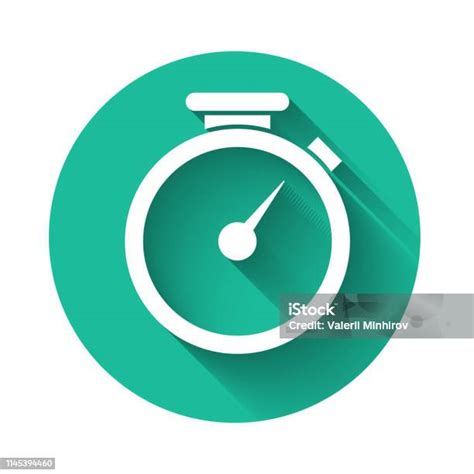 긴 그림자와 고립 된 흰색 스톱 워치 아이콘 시간 타이머 기호입니다 녹색 원 버튼을 클릭 합니다 벡터 일러스트 0명에 대한 스톡