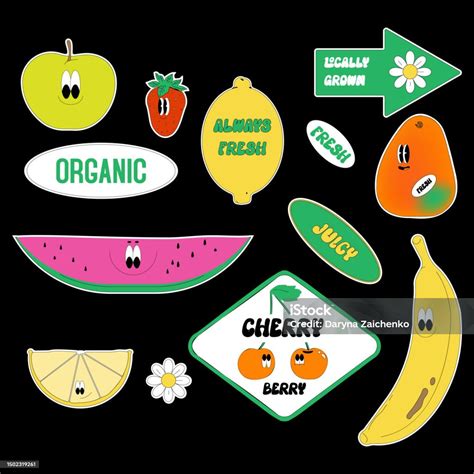 과일 복고풍 펑키 만화 스티커 체리 딸기 바나나 수박 슬로건 따옴표 및 기타 요소의 만화 캐릭터 과일에 대한 스톡 벡터 아트 및 기타 이미지 Istock
