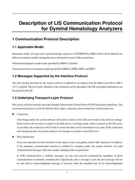 Description Of Lis Communication Protocol For Dymind Hematology Analyzers Pdf