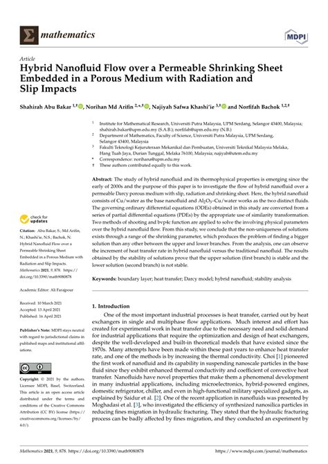 Pdf Hybrid Nanofluid Flow Over A Permeable Shrinking Sheet Embedded In A Porous Medium With
