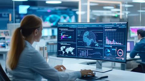 Premium Photo Professional At Sleek Desk Viewing Large Curved Monitor With Ai Powered Realtime