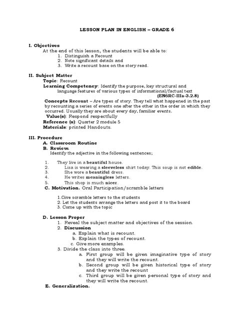 Lesson Plan In English 6 Week 6 Pdf Lesson Plan Education Theory
