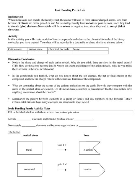 Fillable Online Ionic Bonding Puzzle Lab Pdf Introduction When Metals Fax Email Print