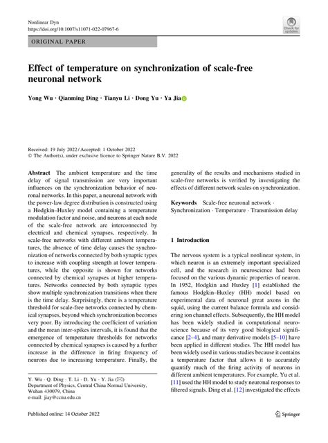 Pdf Effect Of Temperature On Synchronization Of Scale Free Neuronal