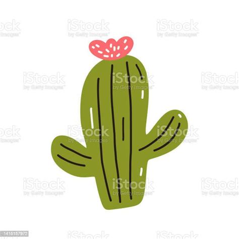 흰색 배경에 고립 된 꽃이있는 귀여운 선인장 손으로 그린 평면 스타일의 벡터 일러스트레이션입니다 카드 로고 장식 다양한 디자인에 적합합니다 식물 클립 아트 0명에 대한 스톡